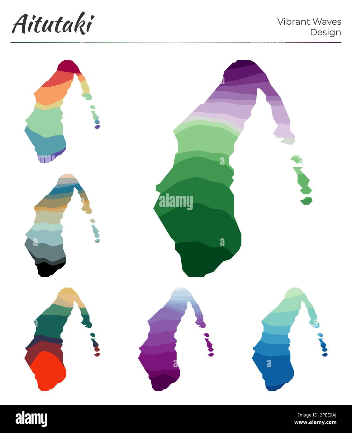 Set of vector maps of Aitutaki. Vibrant waves design. Bright map of island in geometric smooth ...
