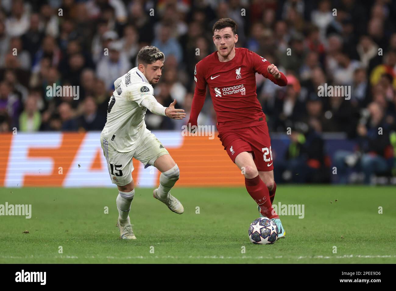 Madrid, Spain. 15th Mar, 2023. Andrew Robertson of Liverpool FC is ...