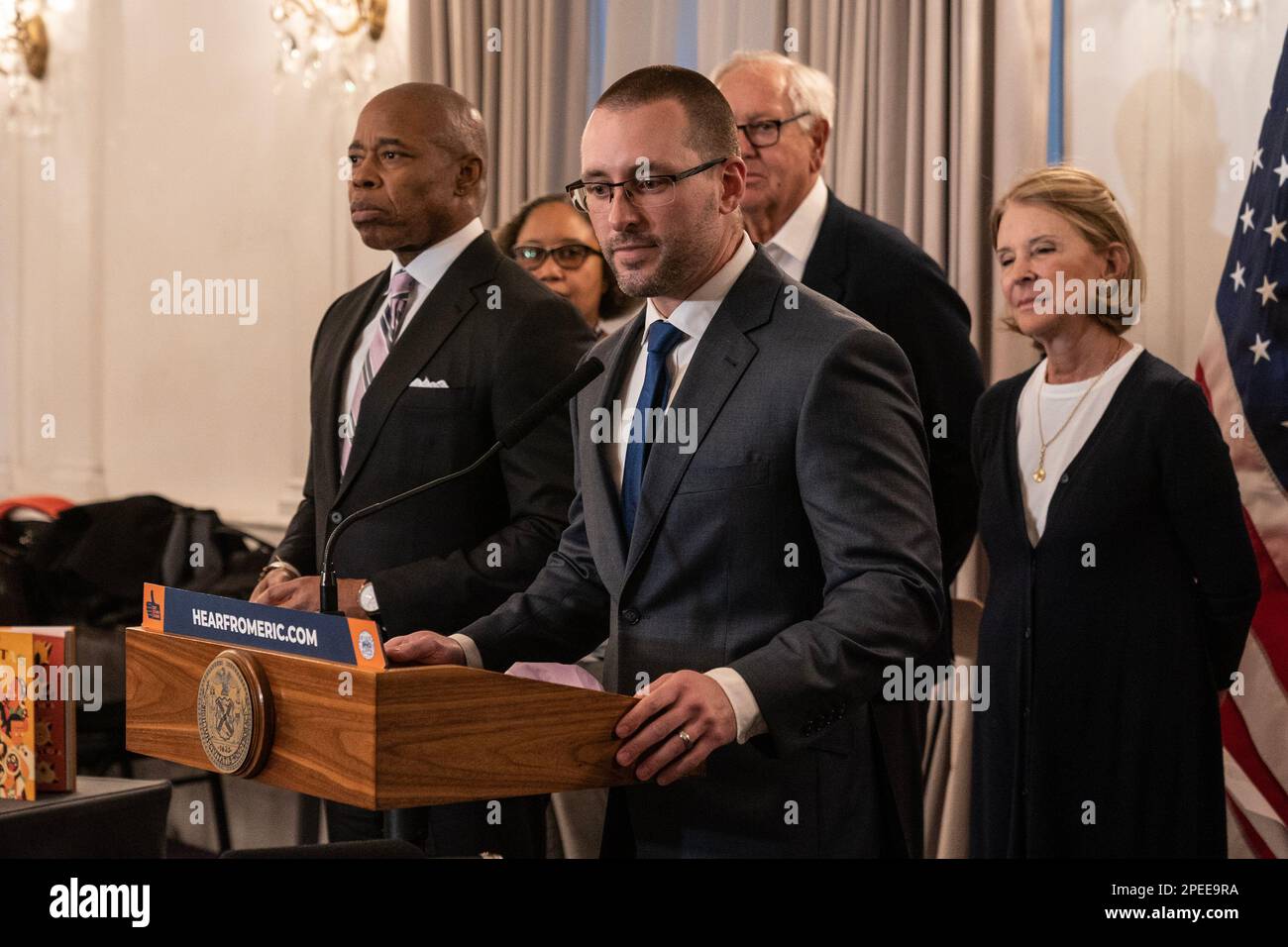 New York, USA. 15th Mar, 2023. Doctor Ted Long speaks during mayor Eric ...
