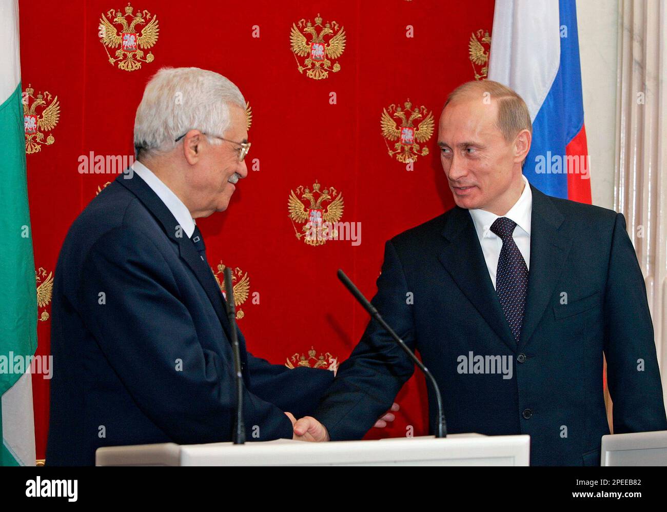 Palestinian leader Mahmoud Abbas, left, and Russian President Vladimir ...