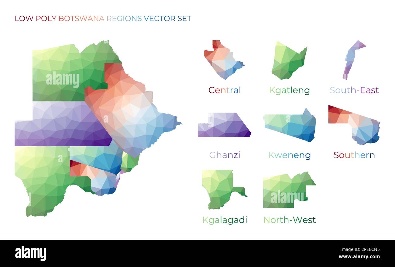 Motswana low poly regions. Polygonal map of Botswana with regions. Geometric maps for your ...