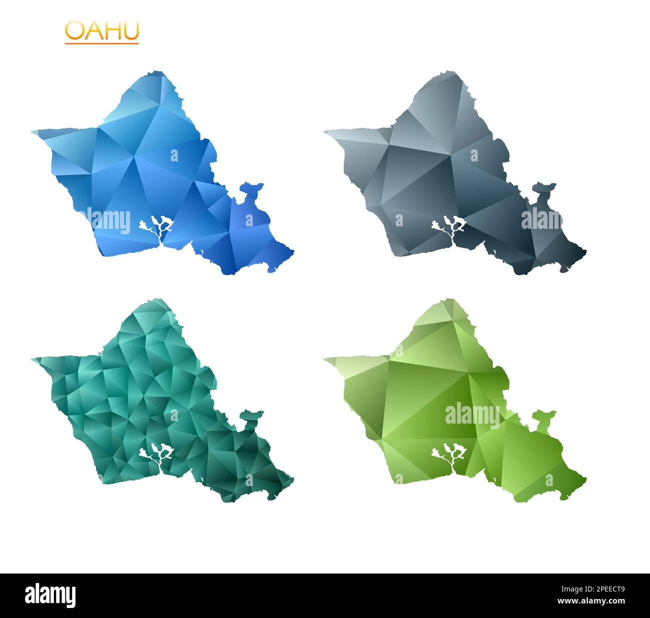Set of vector polygonal maps of Oahu. Bright gradient map of island in ...