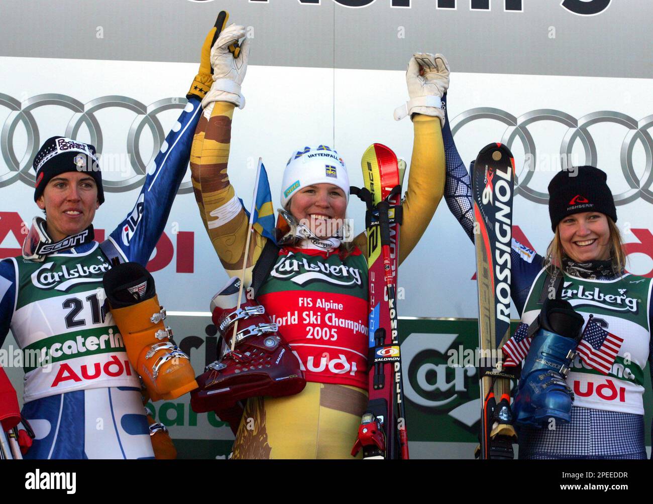 From left: Italy's Lucia Recchia, silver, Sweden's Anja Paerson, gold ...