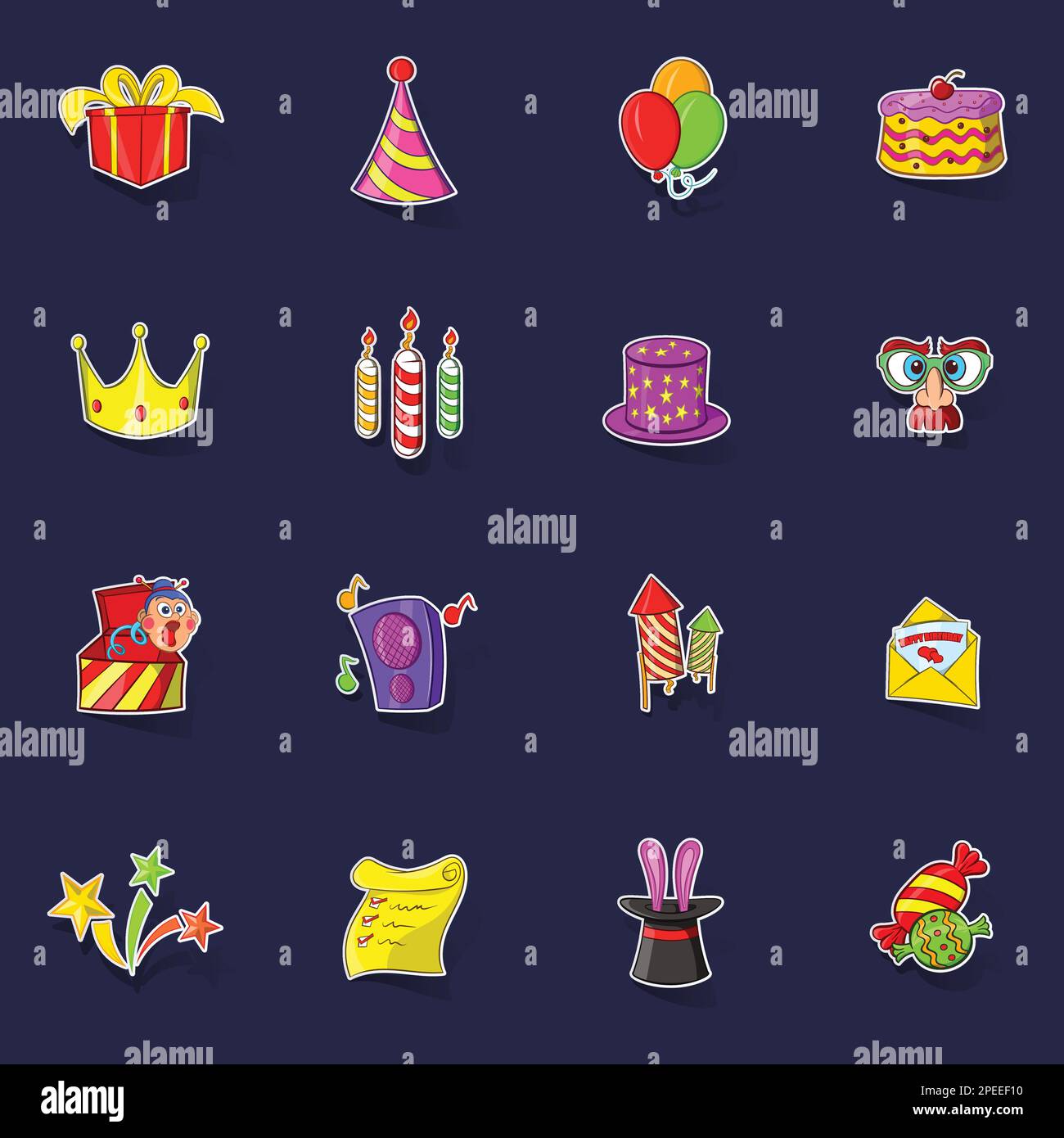Birthday icons set stikers collection vector with shadow on purple ...