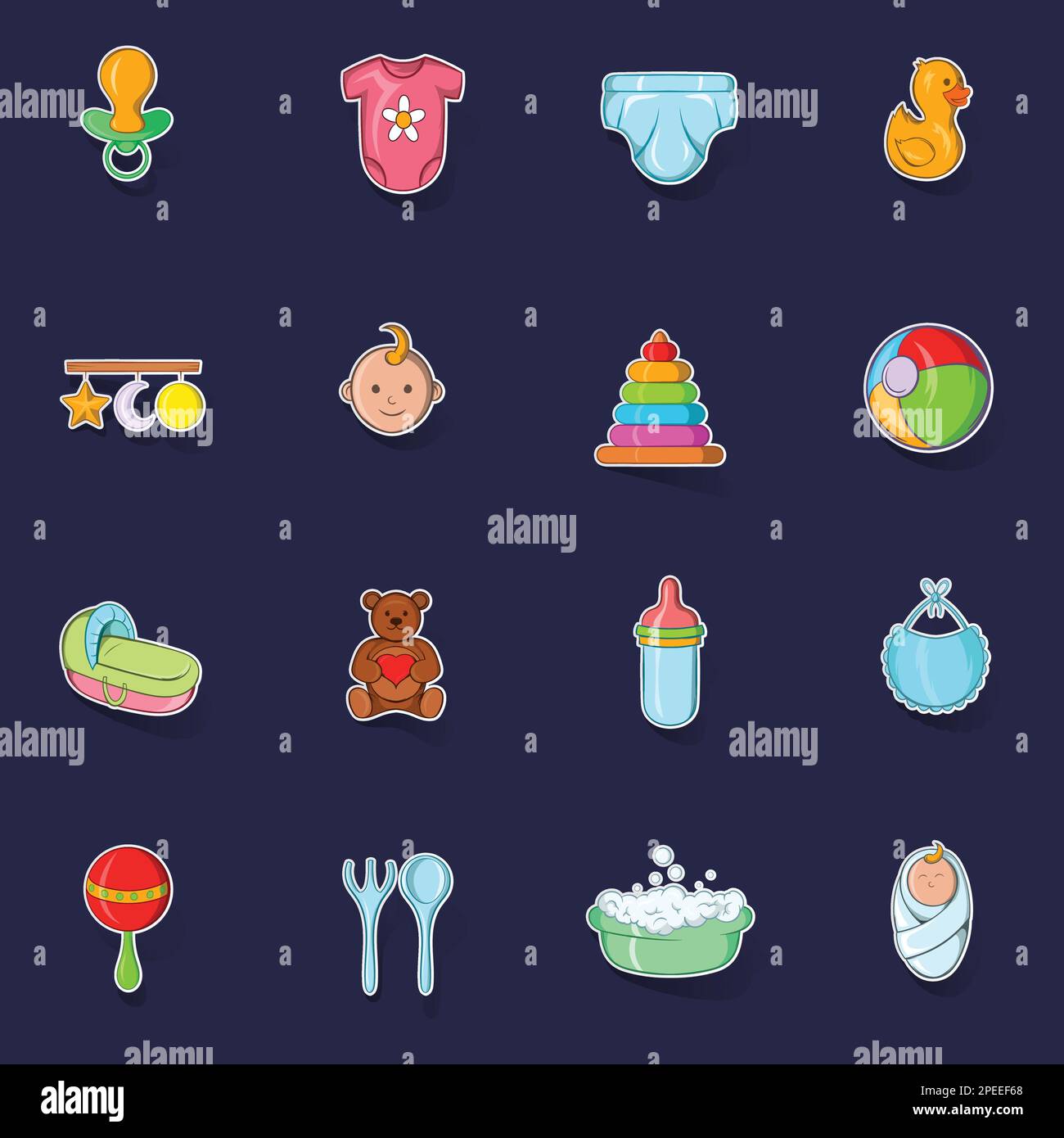 Baby icons set stikers collection vector with shadow on purple ...