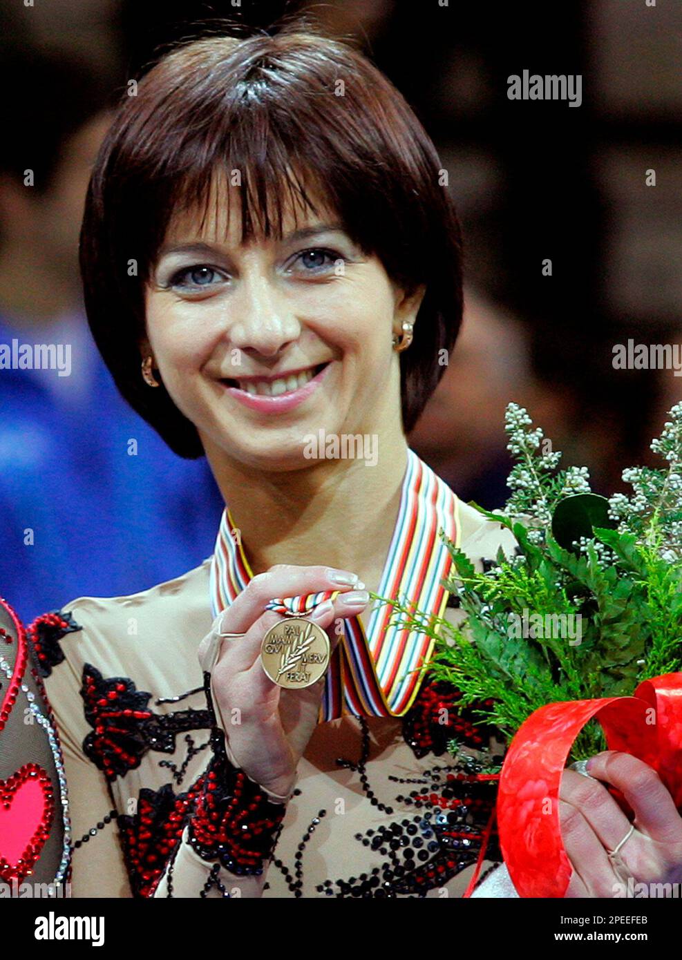 Ukraine's Elena Liashenko shows the bronze medal won at the women's ...