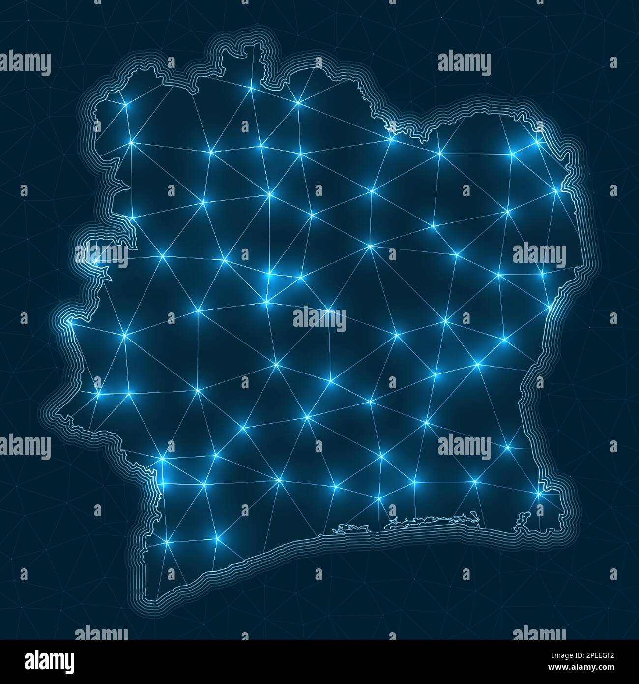 Ivory Coast network map. Abstract geometric map of the country. Digital connections and ...