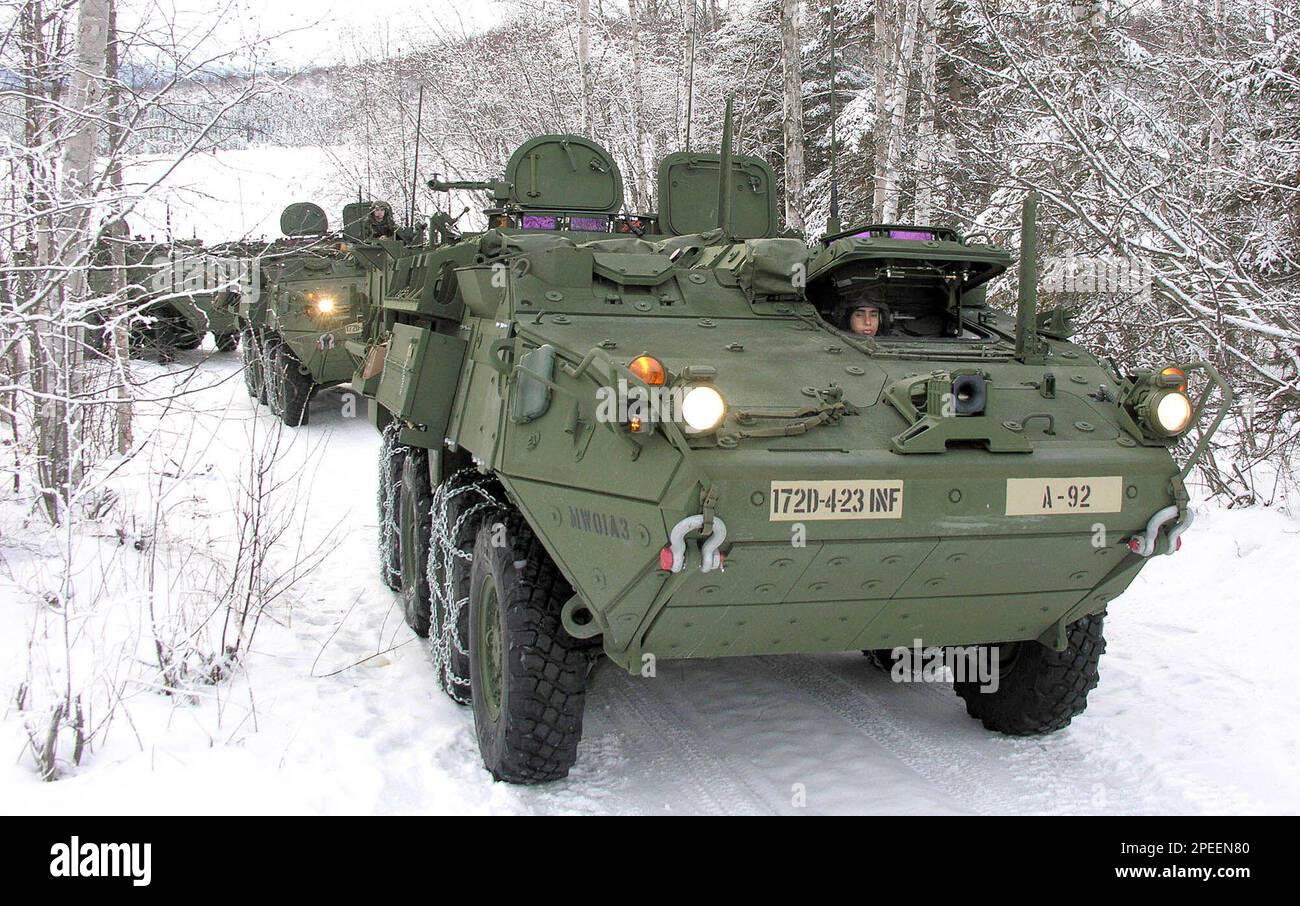 A U.S. Army 172nd Stryker Brigade Combat Team patrols the backwoods of ...