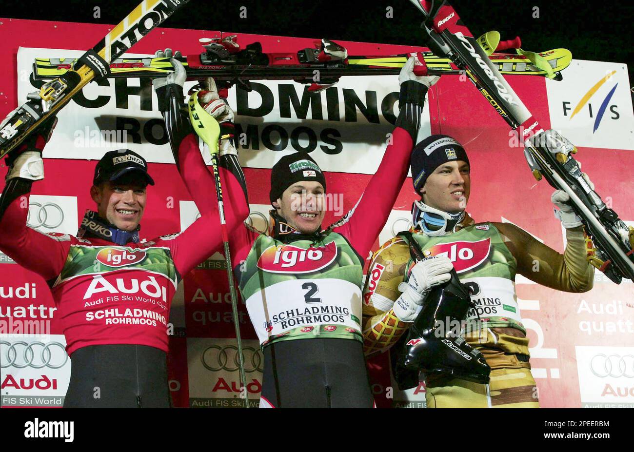 Winner of the men's skiing World Cup night slalom race Austria's ...