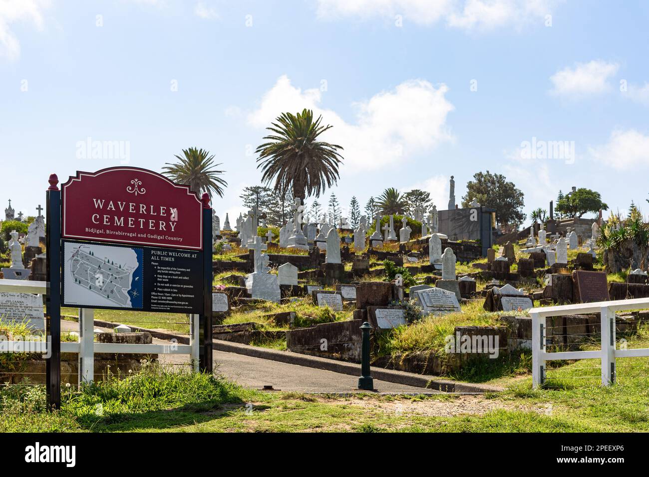 The entrance sign to Waverley Cemetery and graves in Sydney, Australia ...