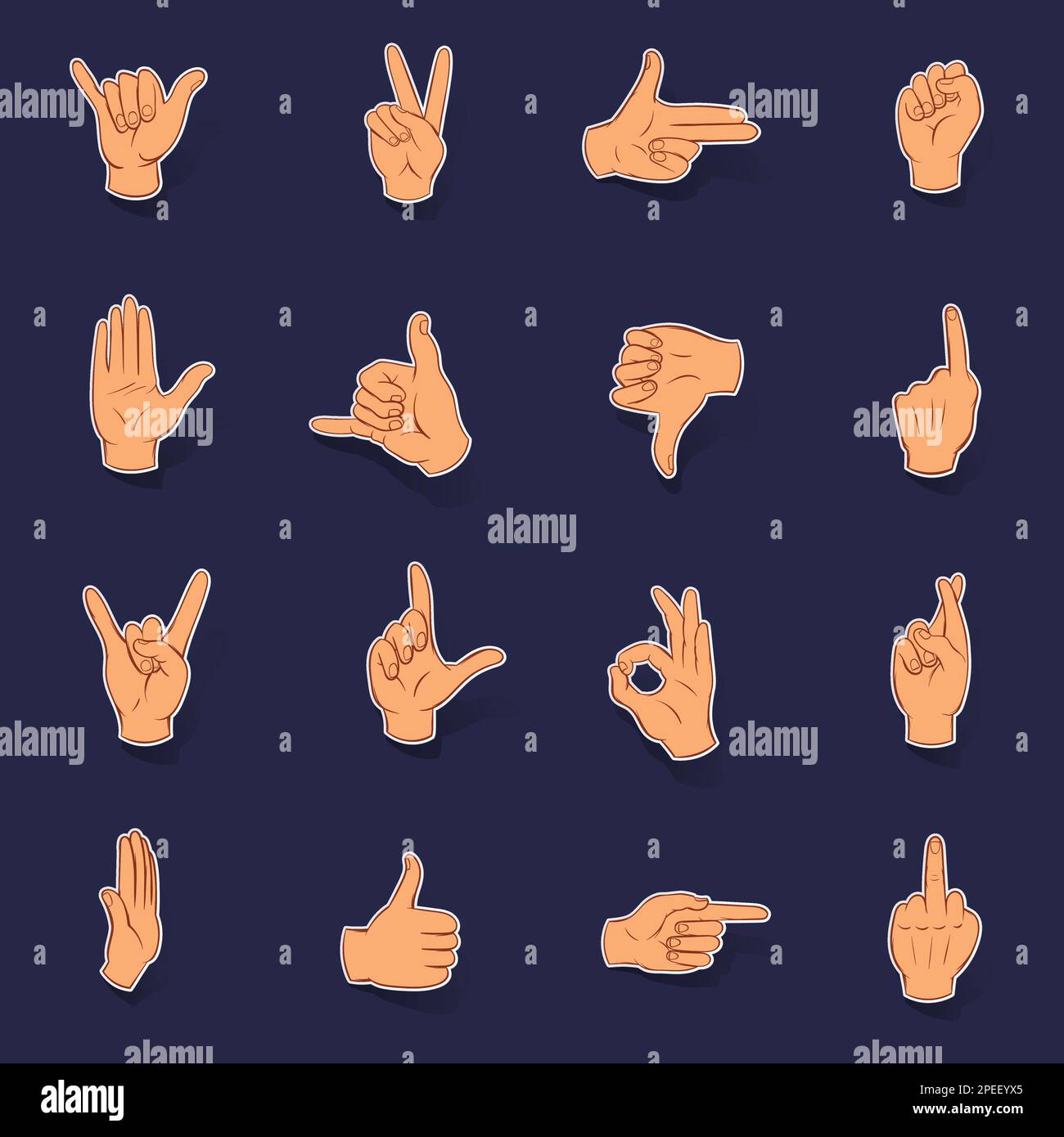 Hand icons set stikers collection vector with shadow on purple ...