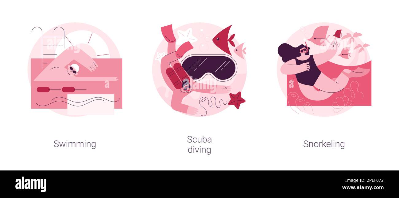 Summer holiday sport abstract concept vector illustration set. Swimming ...