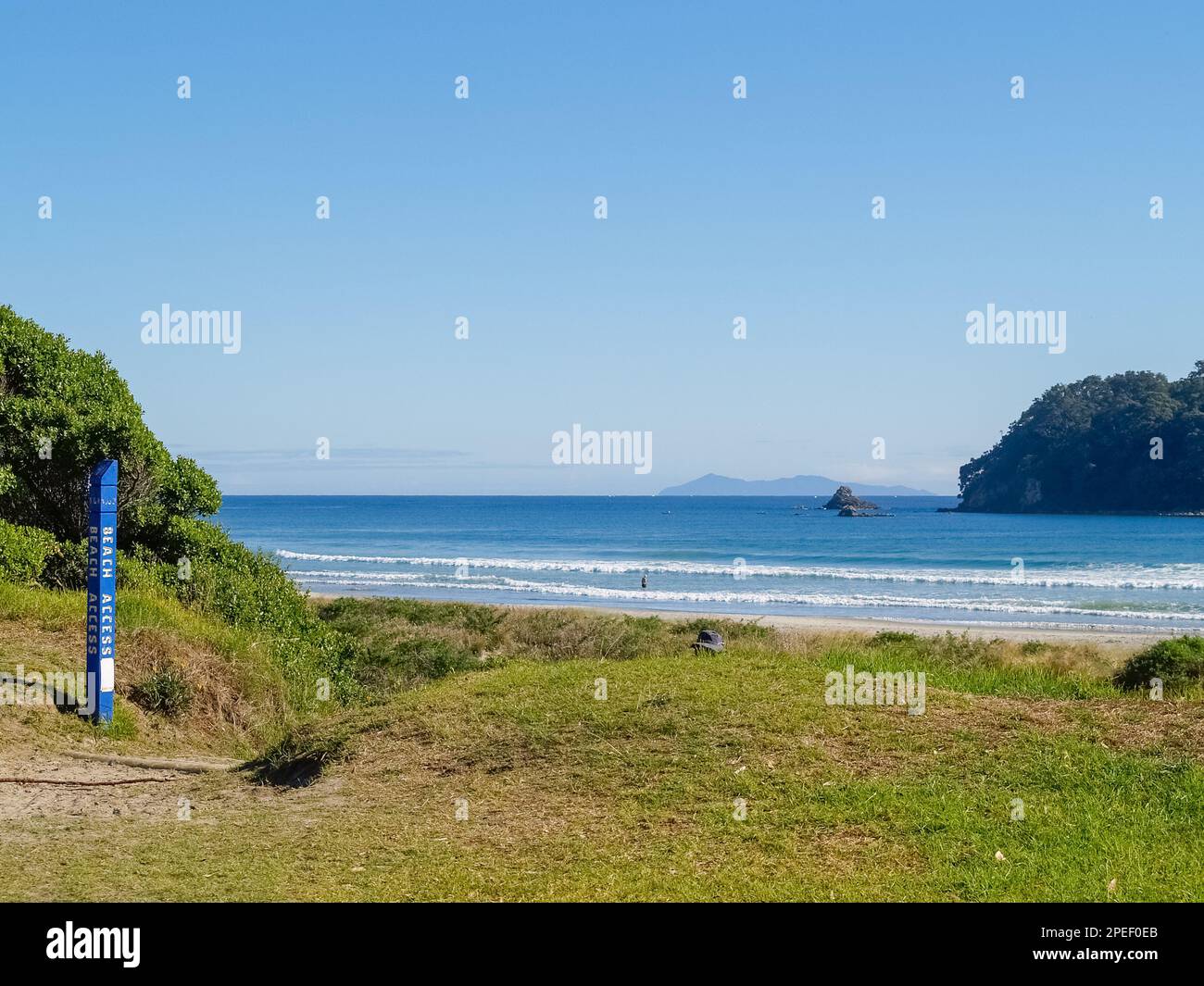 Tauranga New Zealand - January 8 2011; Ocean-beach view from grassy ...