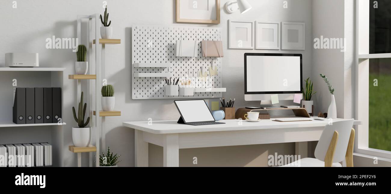 Modern white office workspace with PC desktop computer and laptop white ...