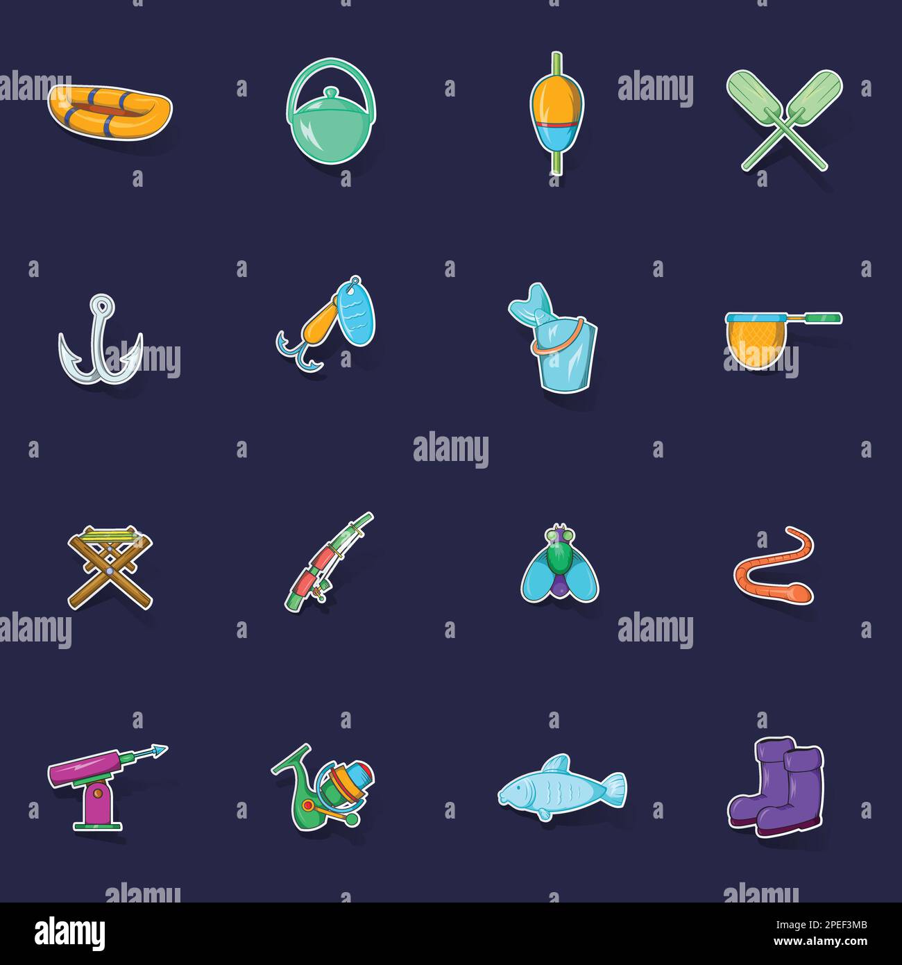 Fishing icons set stikers collection vector with shadow on purple ...
