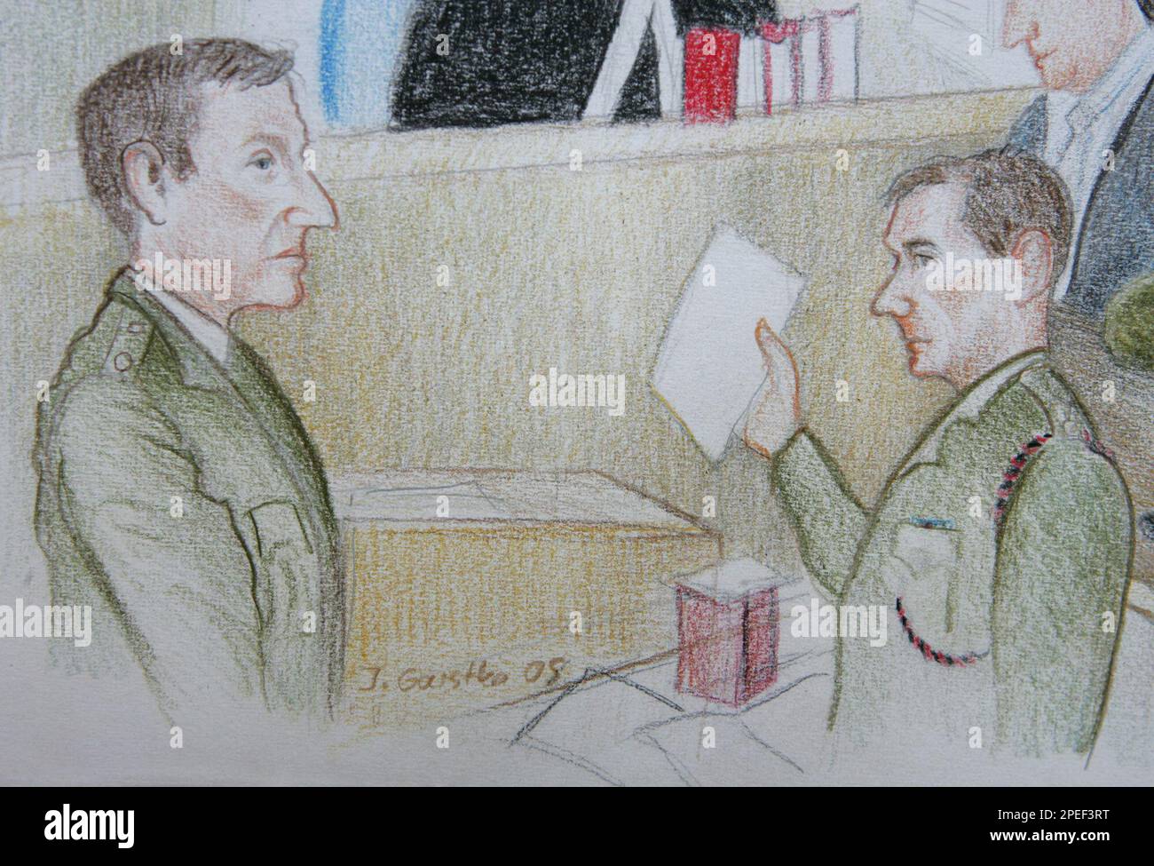 Photo of a courtroom drawing shows Army prosecutor Nick Clapham, right ...