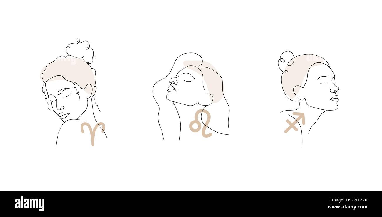 Aries, Leo, Sagittarius. Fire zodiac signs with linear female faces ...