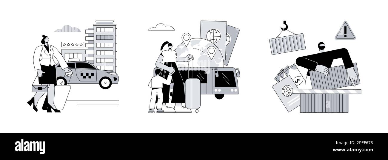 Crossing border abstract concept vector illustration set. Taxi transfer ...