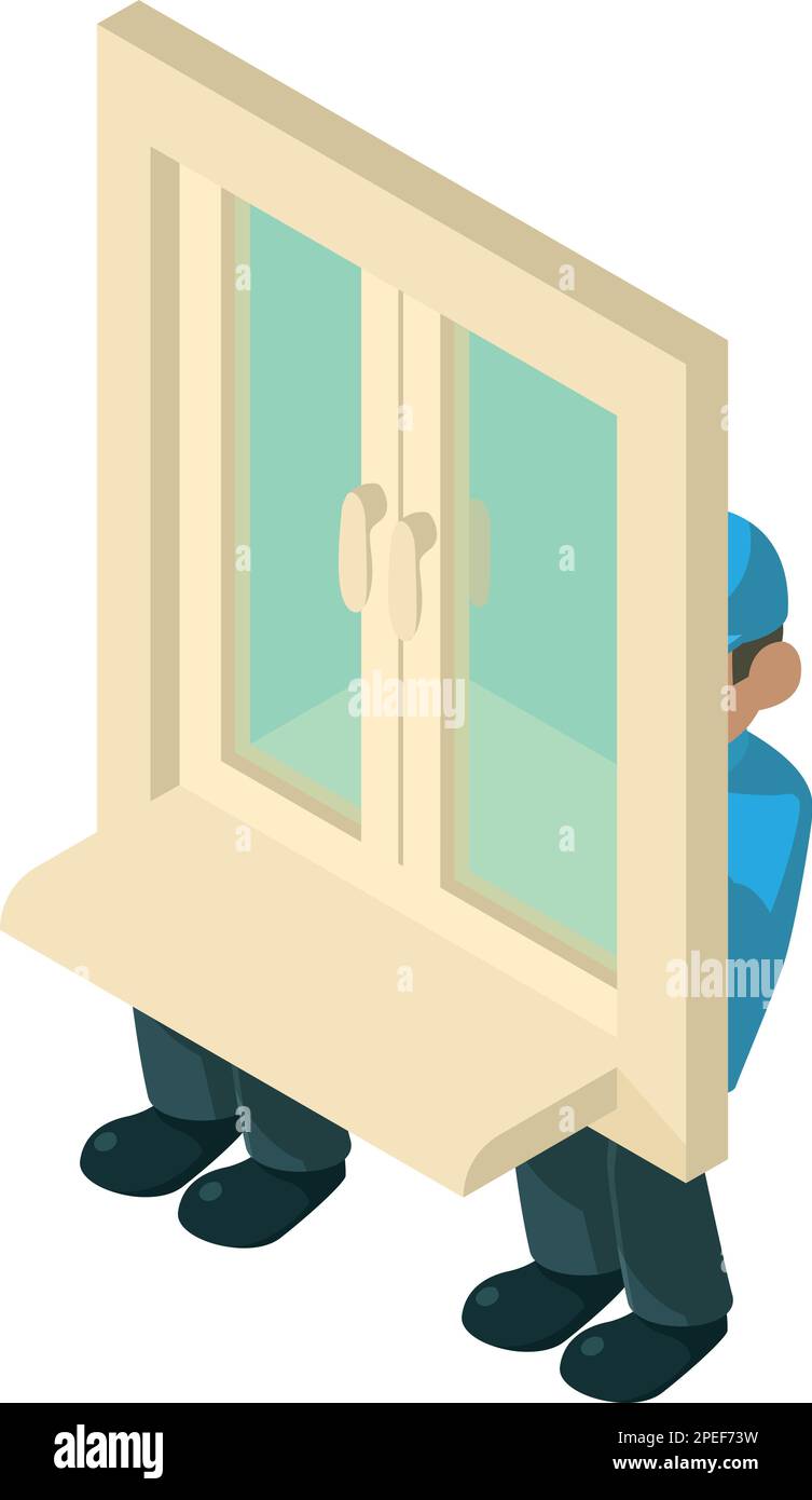 Window installation icon isometric vector. Worker carry window for ...
