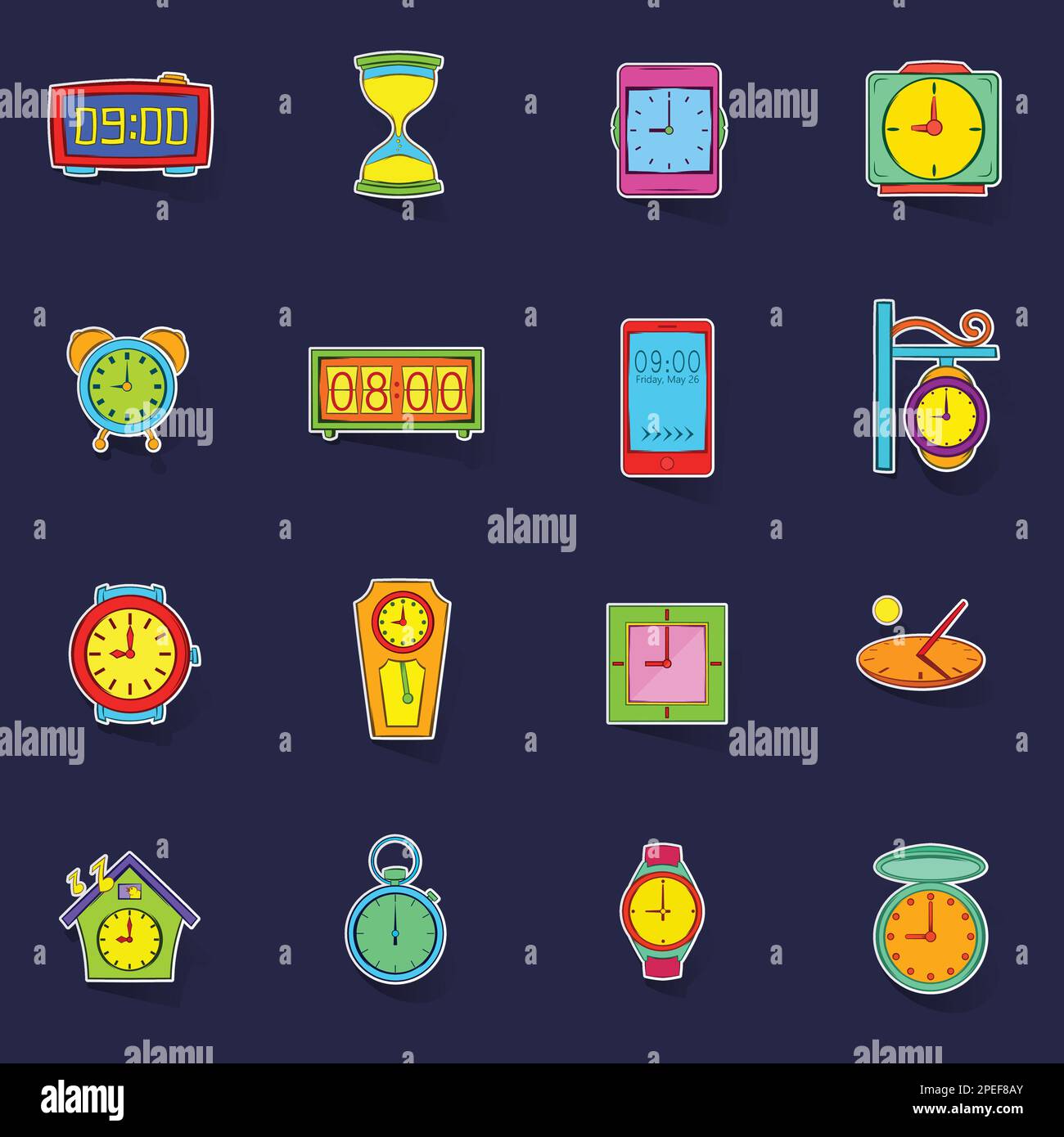 Time and Clock icons set stikers collection vector with shadow on ...