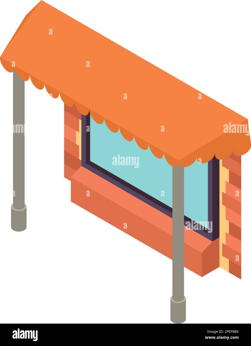 Storefront icon isometric vector. Large square window with brown canopy ...