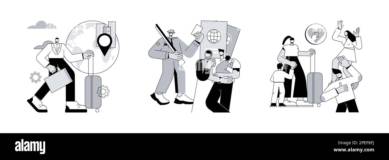 Movement of people abstract concept vector illustration set. Occupational migration, migration ...