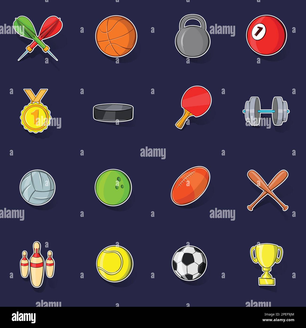 Sport icons set stikers collection vector with shadow on purple ...