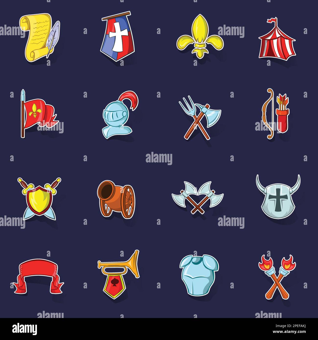 The middle ages icons set stikers collection vector with shadow on purple background Stock ...