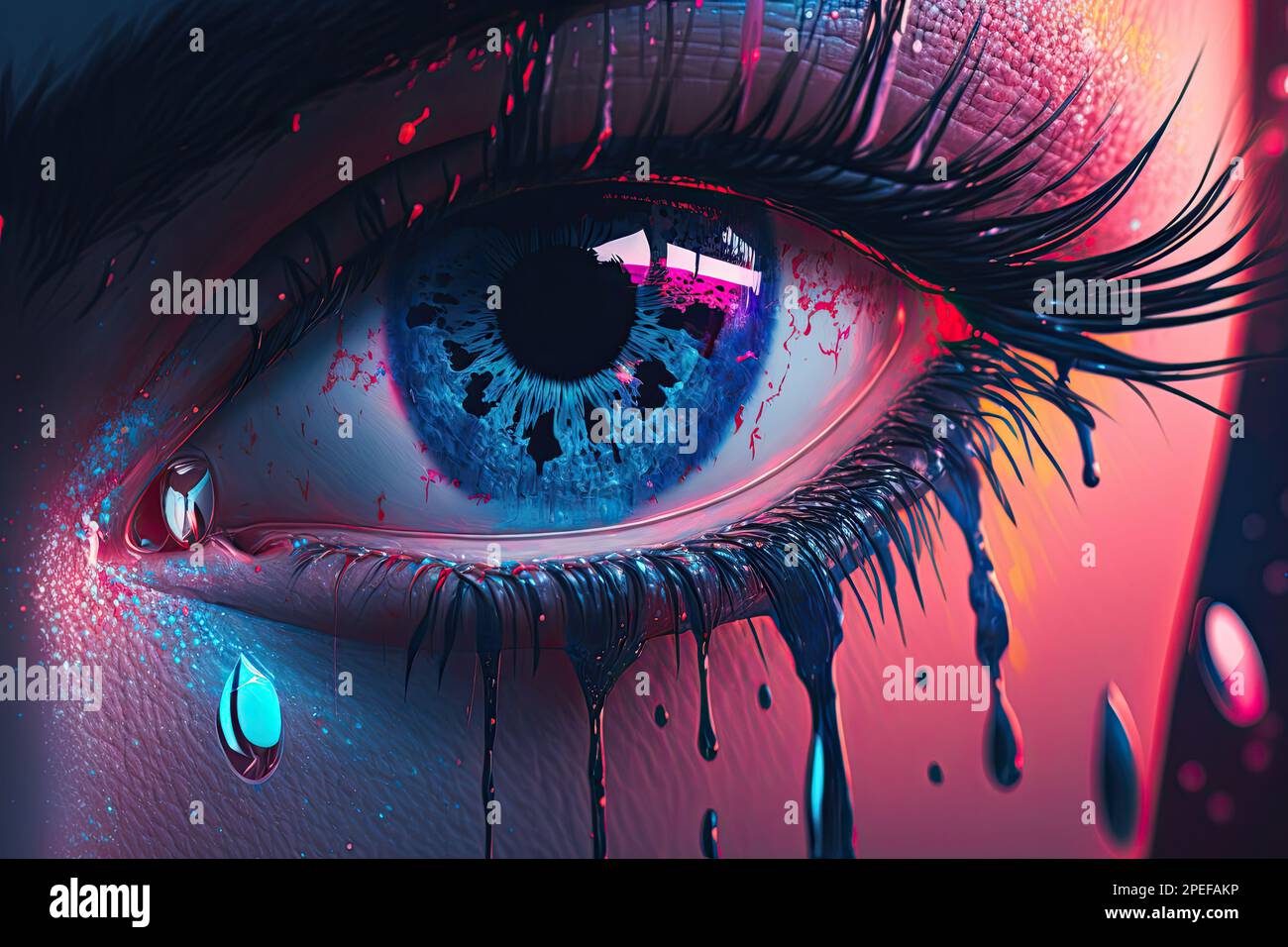 Colorful abstract crying eye of the world. Blue iris with paint ...