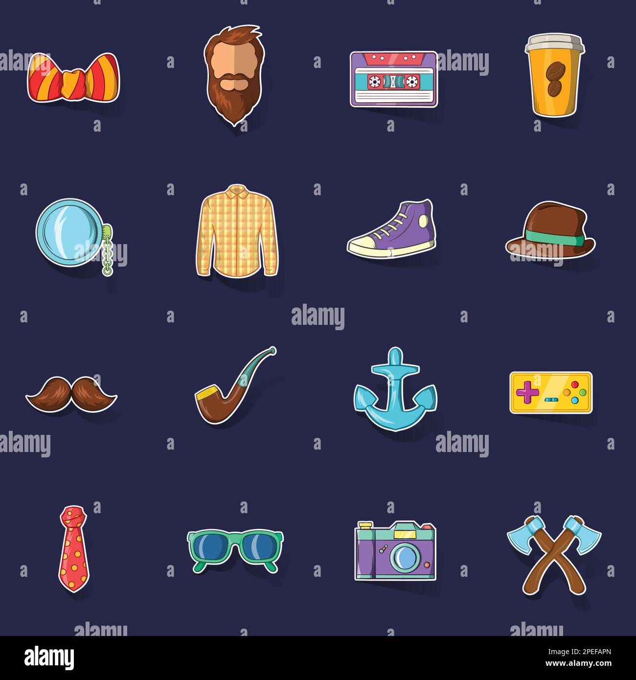 Hipster icons set stikers collection vector with shadow on purple ...