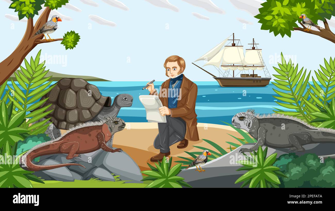 Charles Darwin Expedition to Galapagos Concept illustration Stock ...