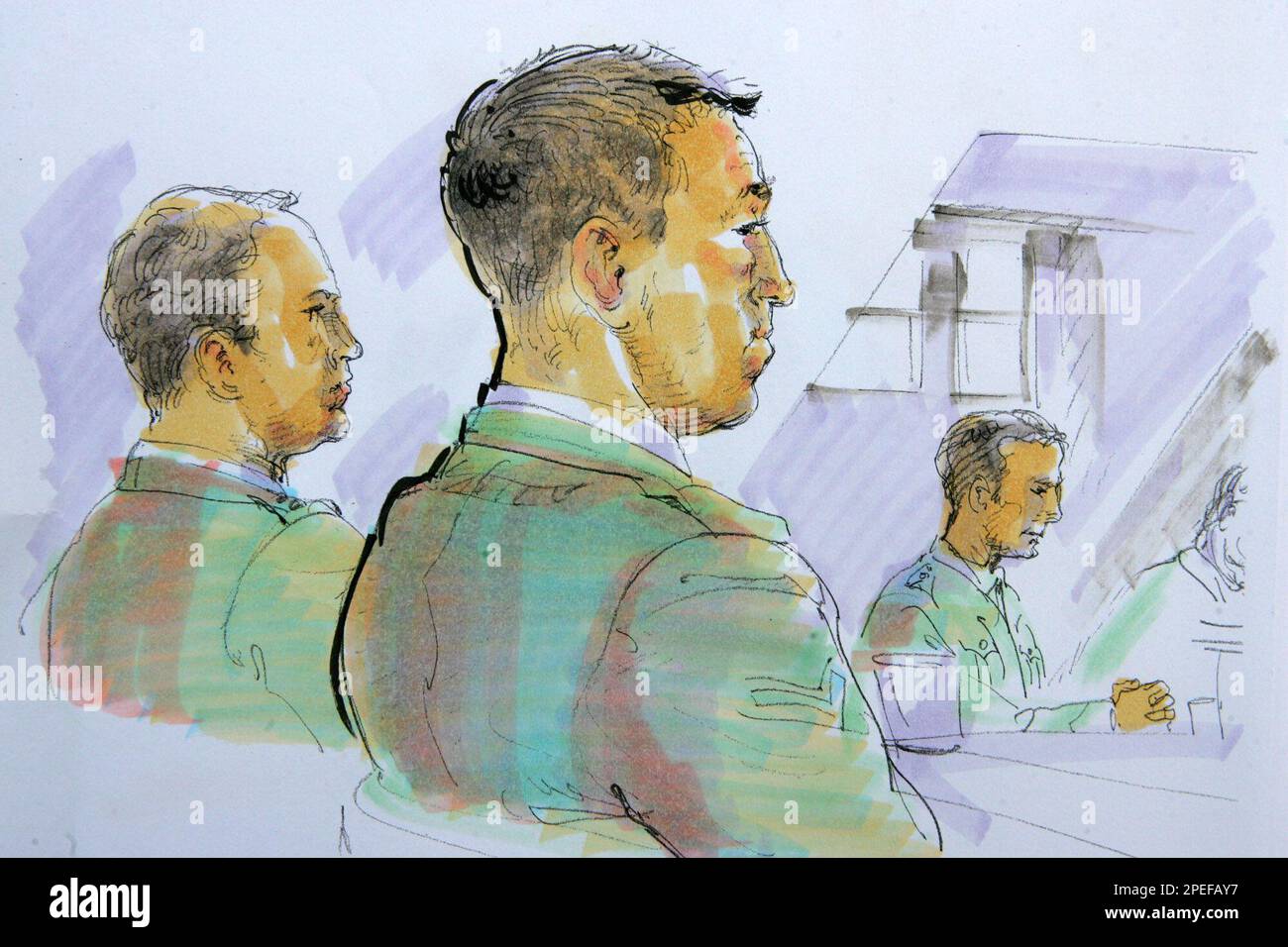 A courtroom drawing shows British soldier Lance Cpl. Darren Larkin ...