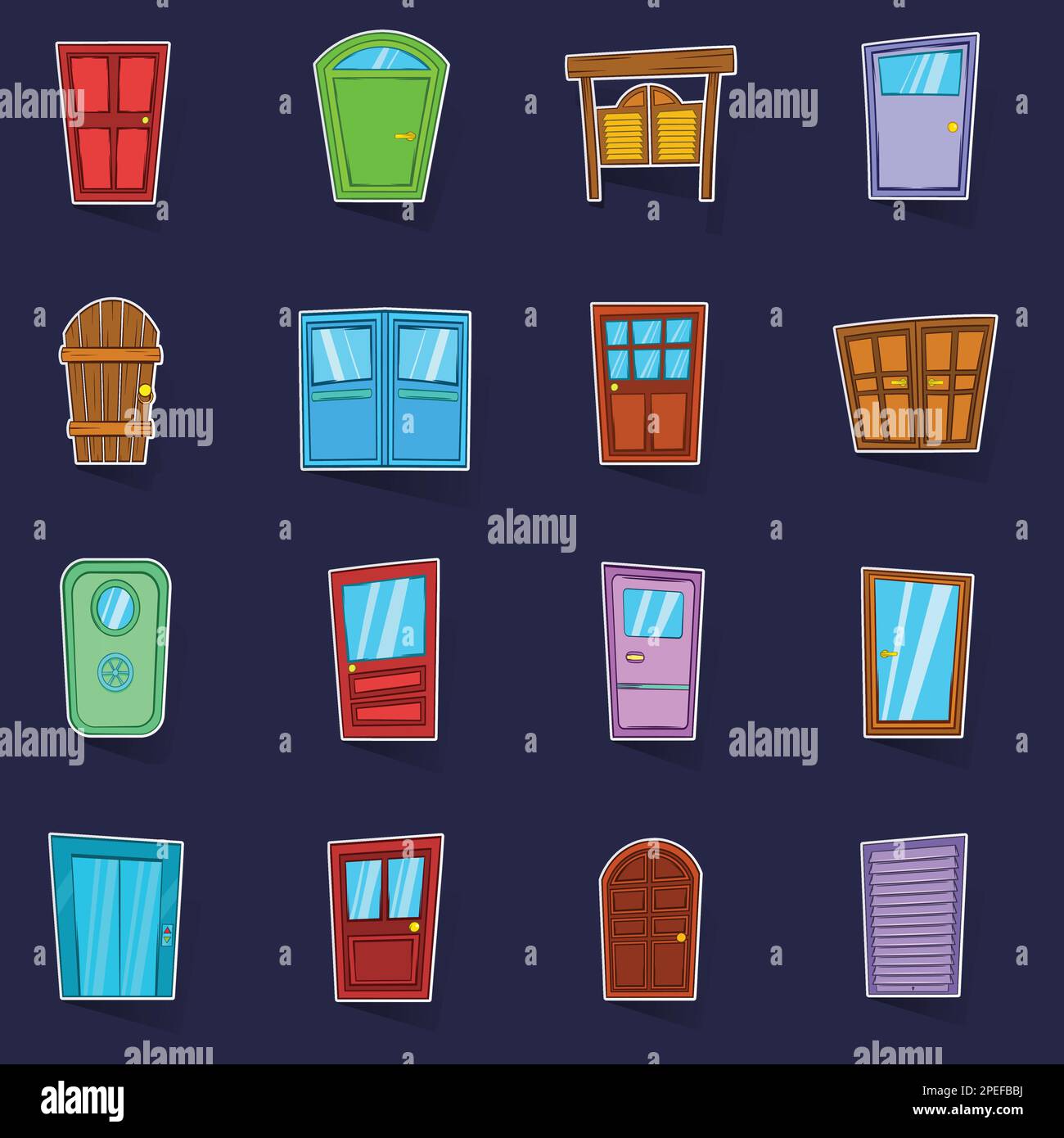 Door icons set stikers collection vector with shadow on purple ...