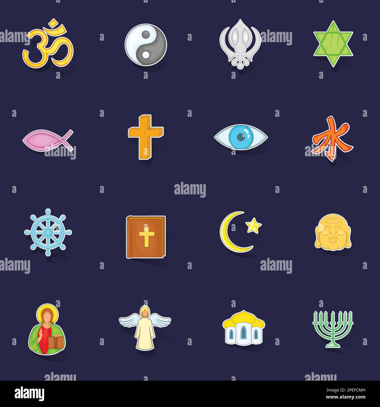 Religion icons set stikers collection vector with shadow on purple ...