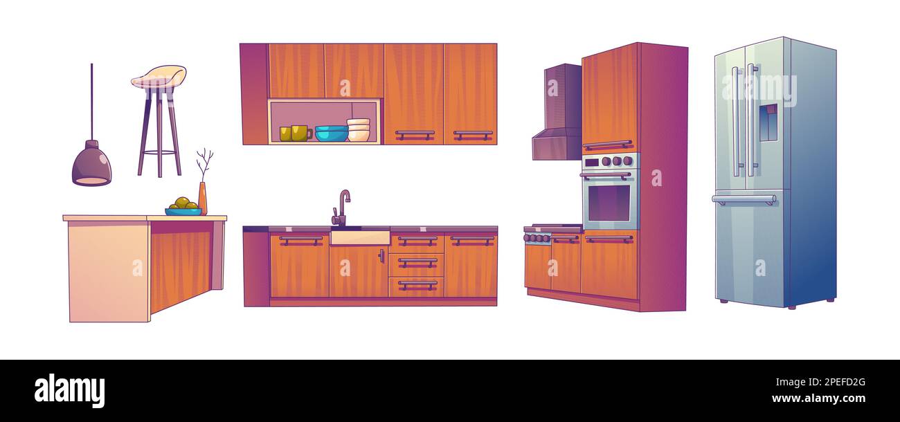 Kitchen room interior with tables, fridge, stove and cupboards ...