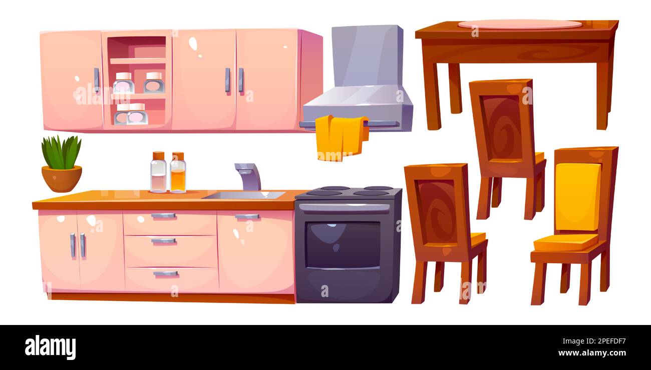 Cartoon set of kitchen furniture isolated on white background. Vector ...