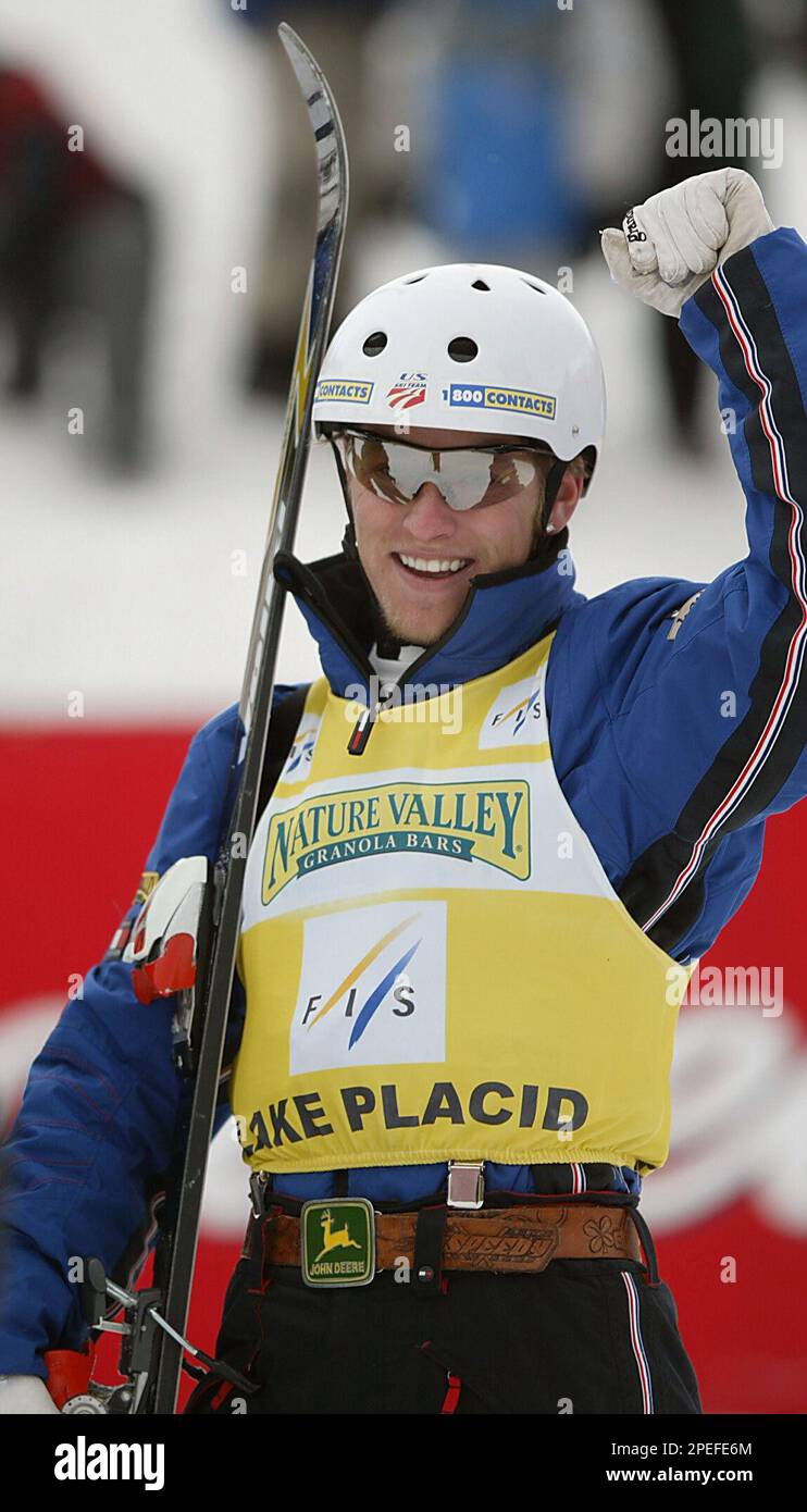 USA's Jeret Peterson celebrates after his final round jump at the FIS ...