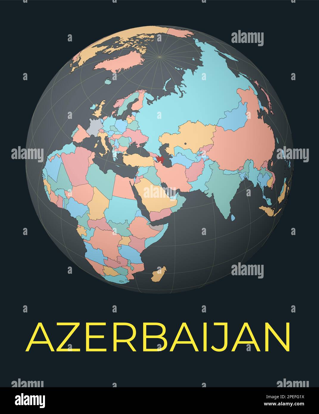 World map centered on Azerbaijan. Red country highlighted. Satellite ...