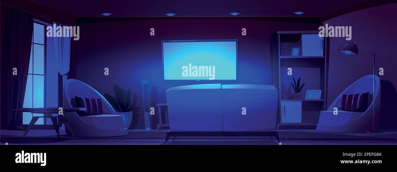 Cartoon living room with tv set at night. Vector illustration of dark ...