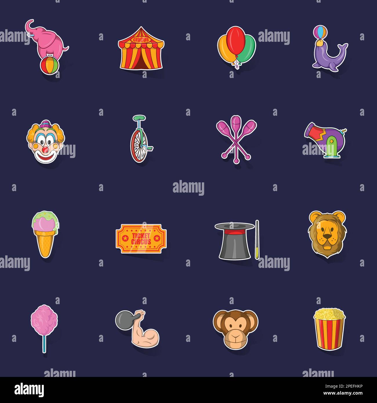 Circus Icons set stikers collection vector with shadow on purple ...