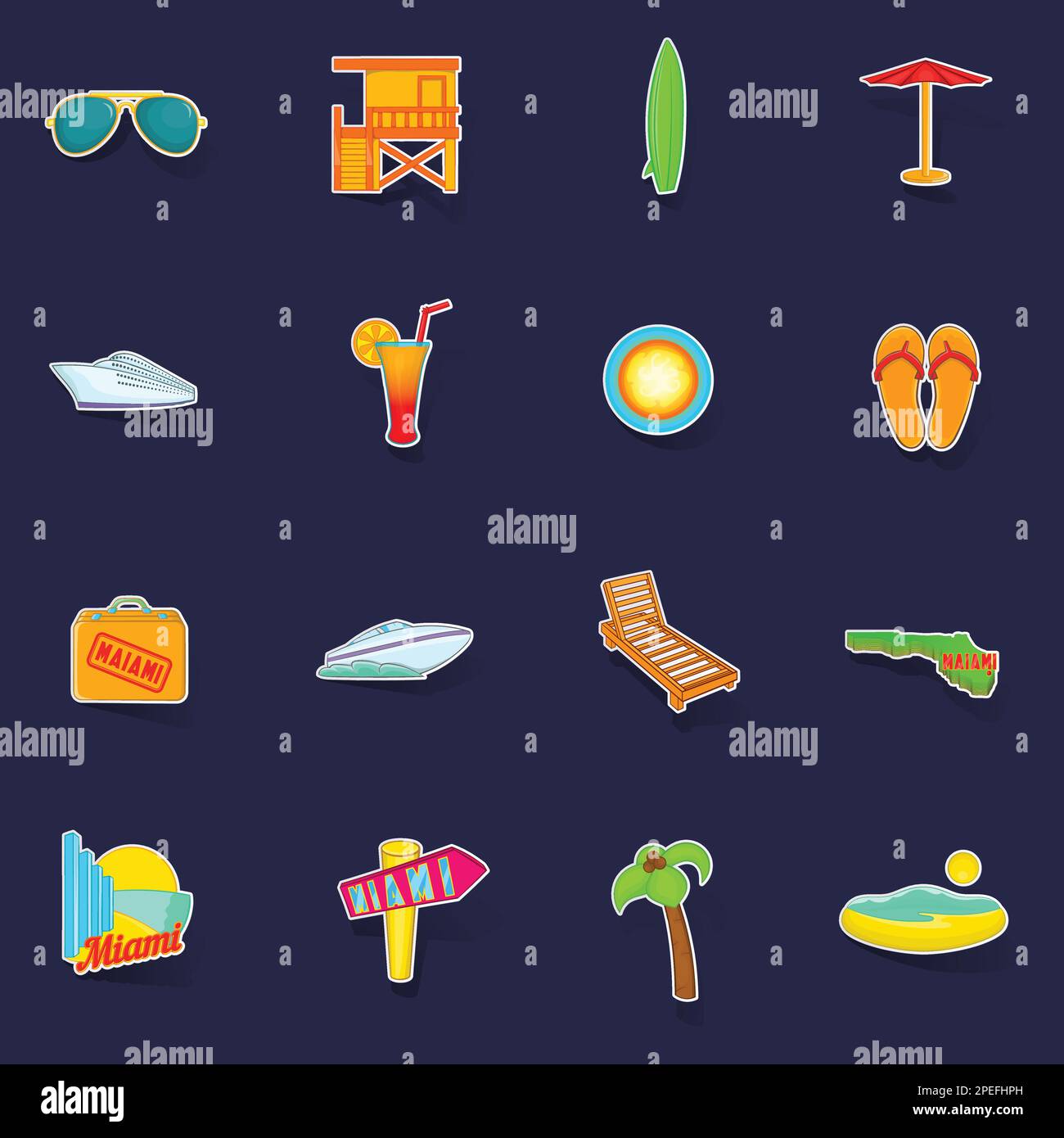 Miami icons set stikers collection vector with shadow on purple ...
