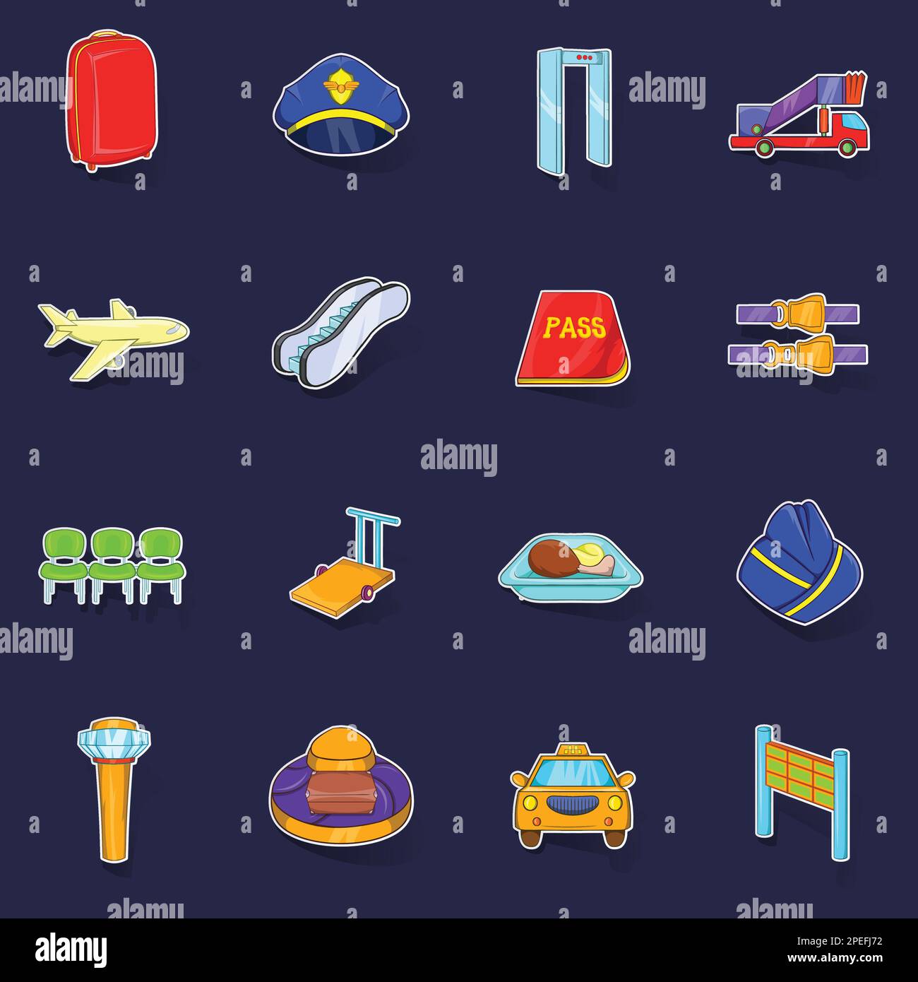 Airport icons set stikers collection vector with shadow on purple ...