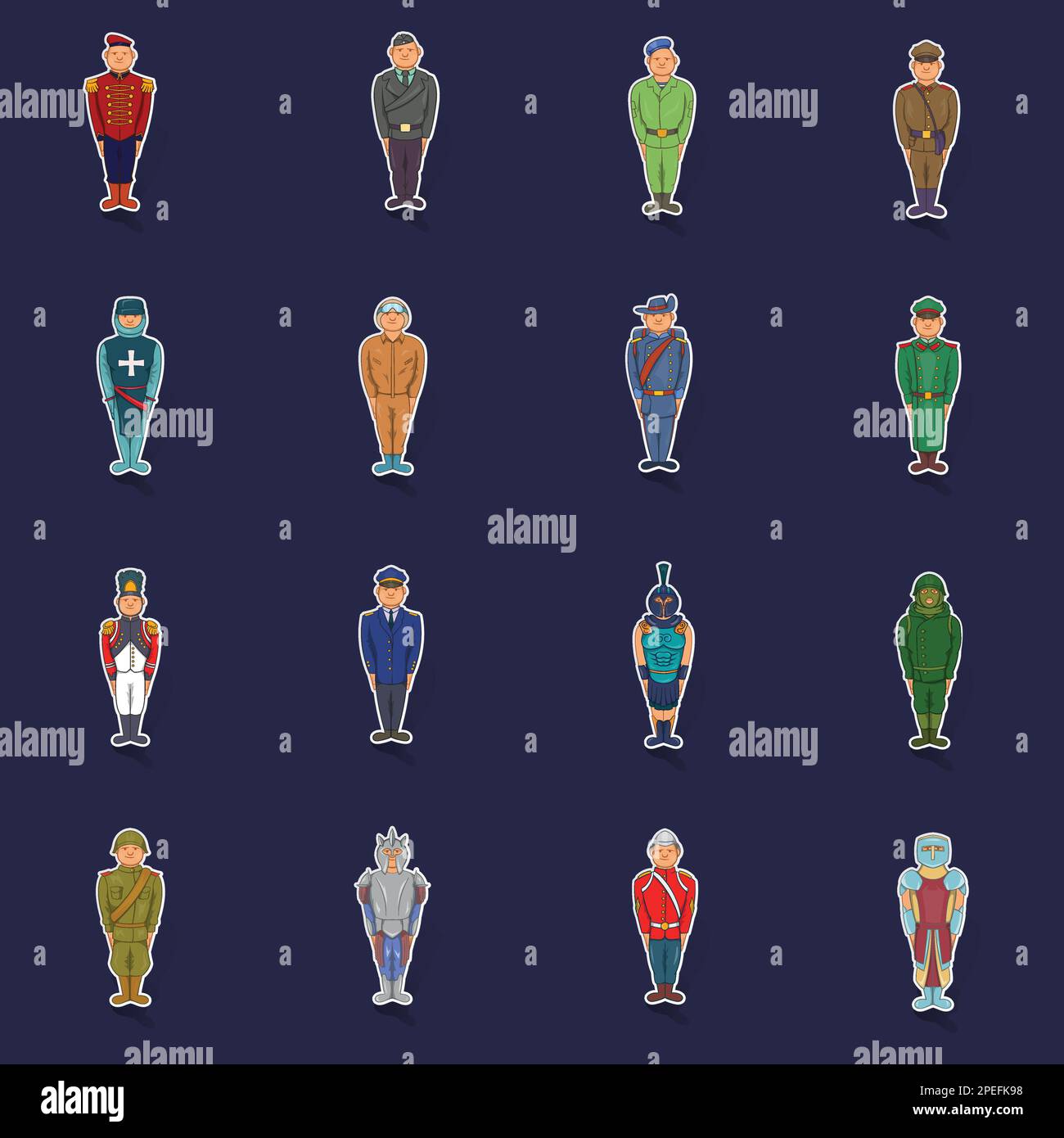 Military man set stikers collection vector with shadow on purple ...