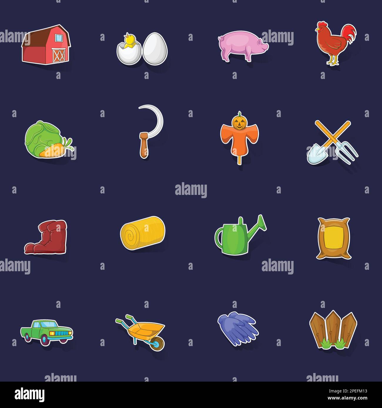 Farm icons set stikers collection vector with shadow on purple ...