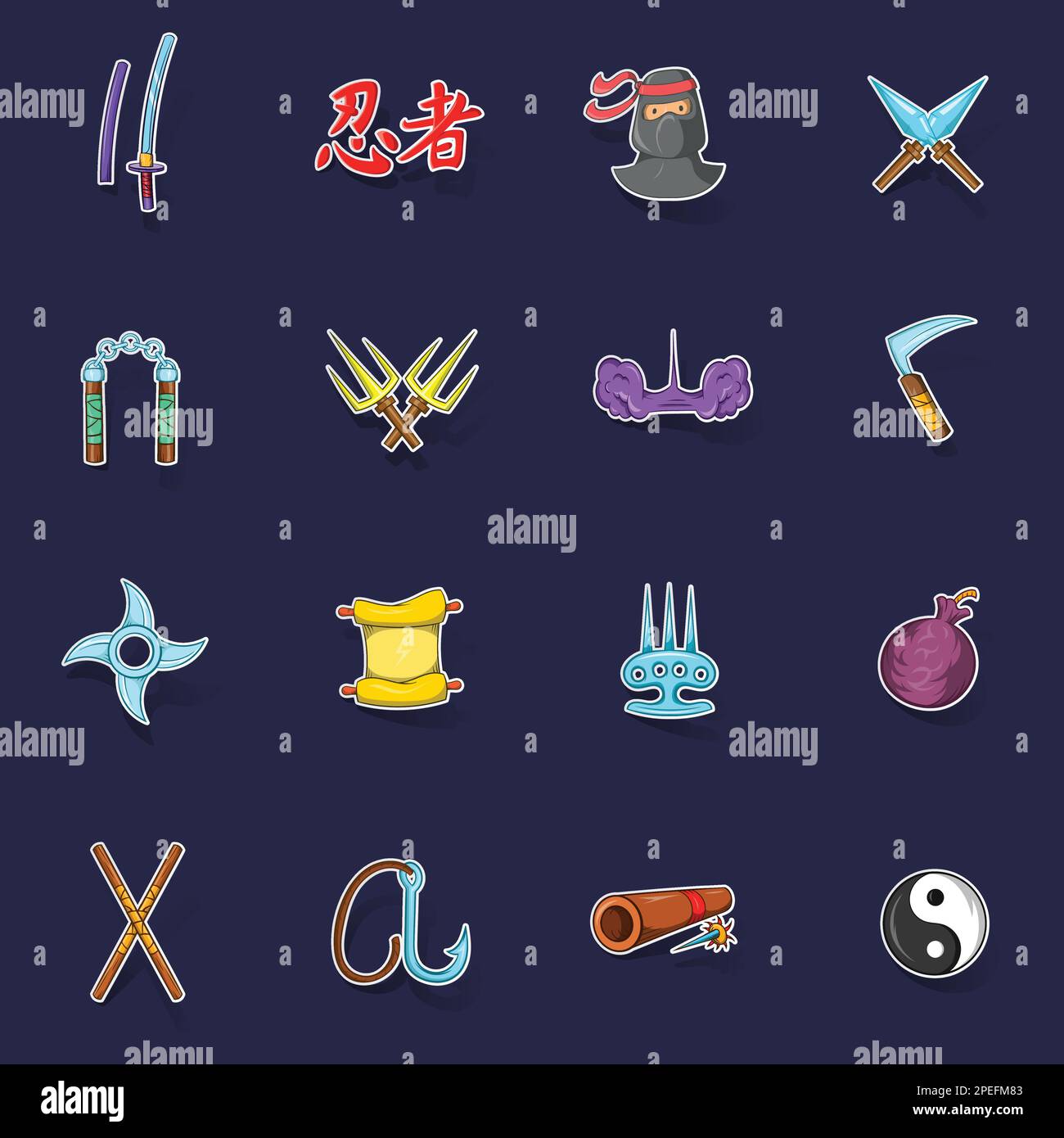 Ninja icons set stikers collection vector with shadow on purple ...