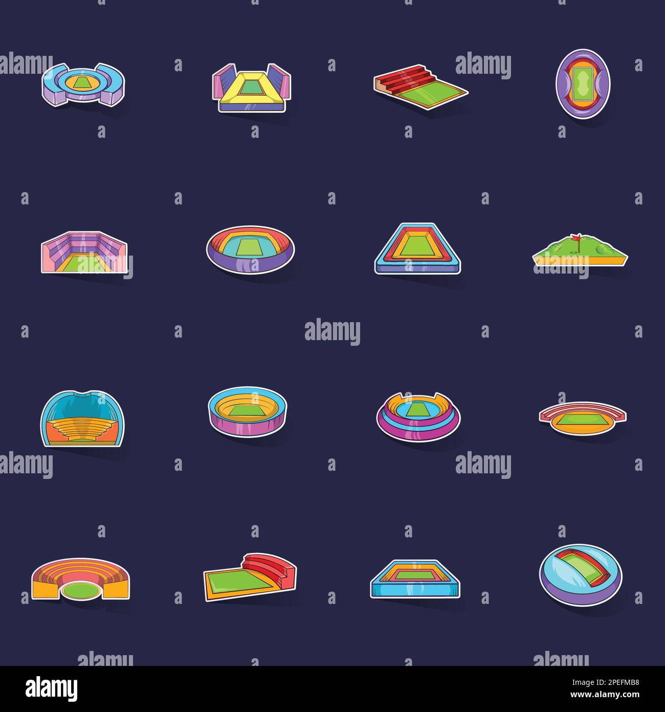 Stadium icons set stikers collection vector with shadow on purple ...