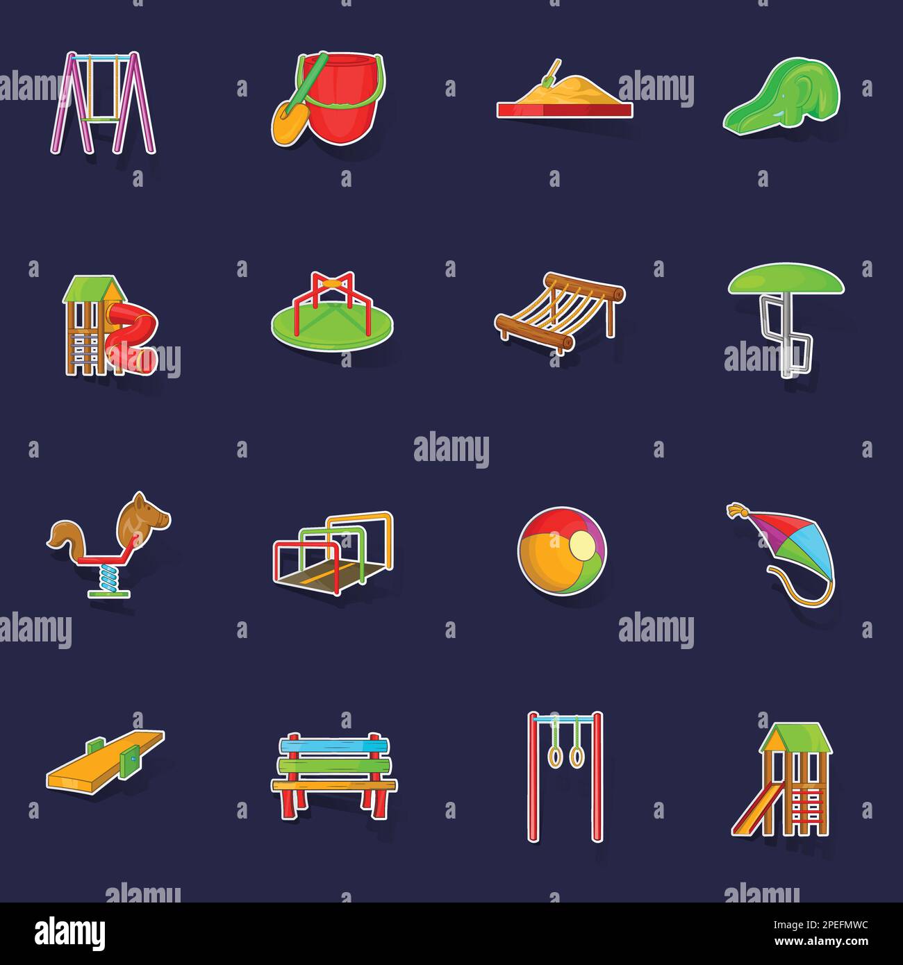 Playground icons set stikers collection vector with shadow on purple ...