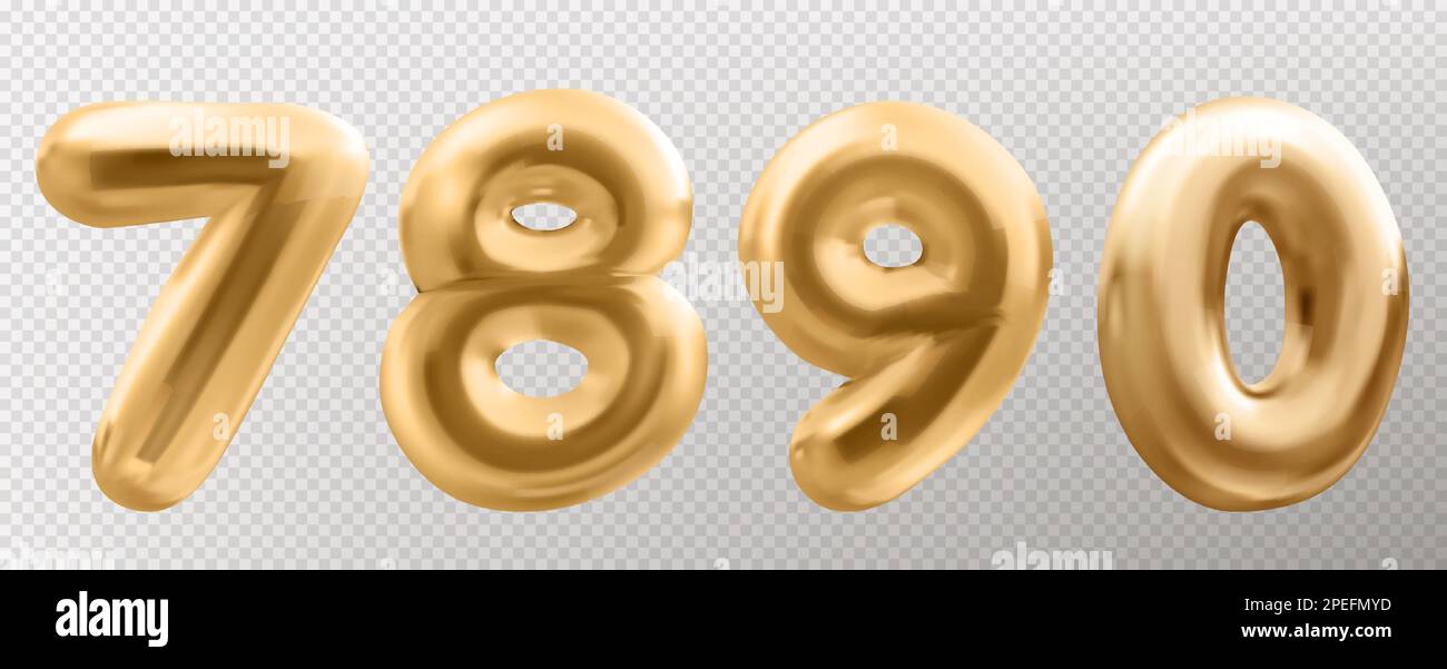 3d gold balloon number font, realistic isolated vector set. Golden ...