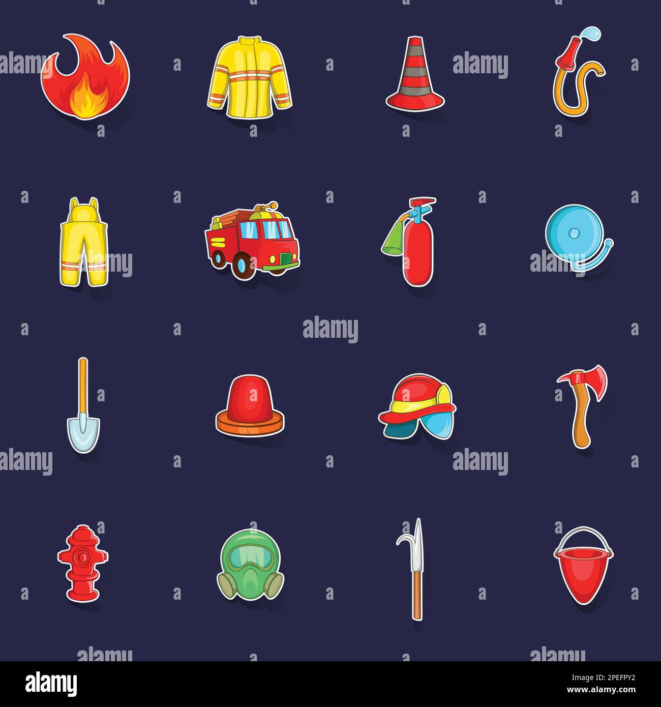 Fireman icons set stikers collection vector with shadow on purple ...