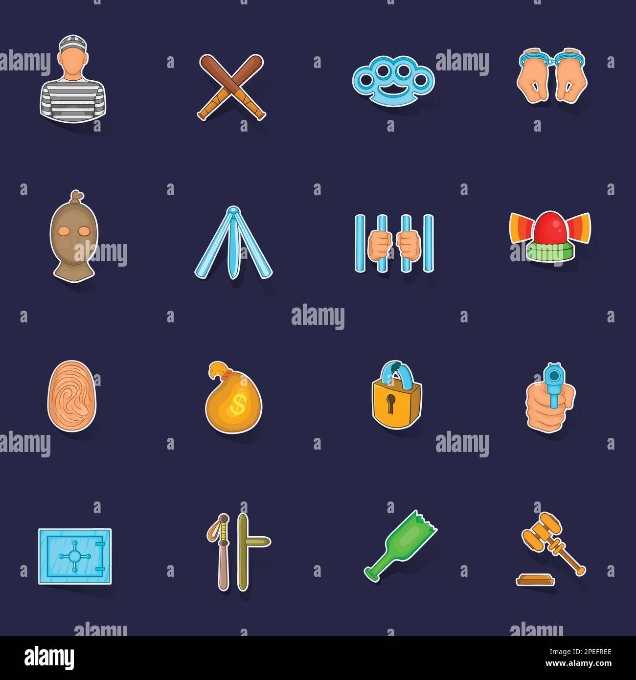 Cartoon crime icons set stikers collection vector with shadow on purple ...